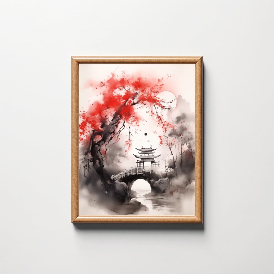 Sumi-e Ink, Red Sun, Cherry Blossom, Herb Tea Garden Wall Art - Inner ... Sumi-e Ink, Red Sun, Cherry Blossom, Herb Tea Garden Wall Art - Inner ...