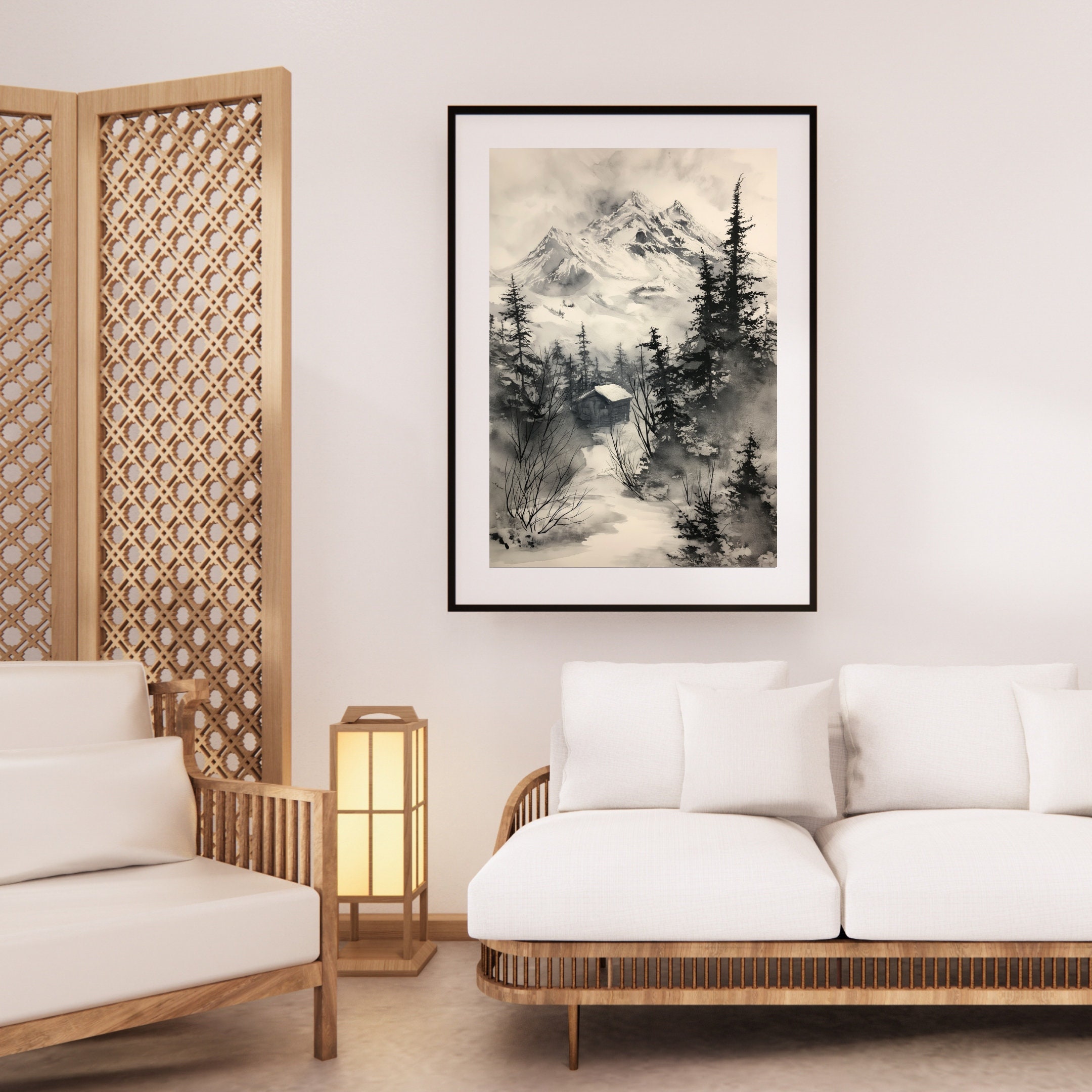 Misty Snowy Mountain: Ink Wash Painting With Evergreen Trees and ...