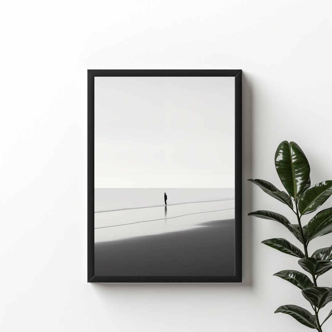 Minimalist Black and White Solitude Sea Scene, Lone Walker Print ...