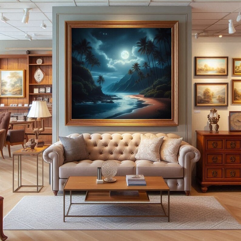 Printable Moonlit Hawaiian Beach Art No. 4-055, Full Moon Rising Over a ...