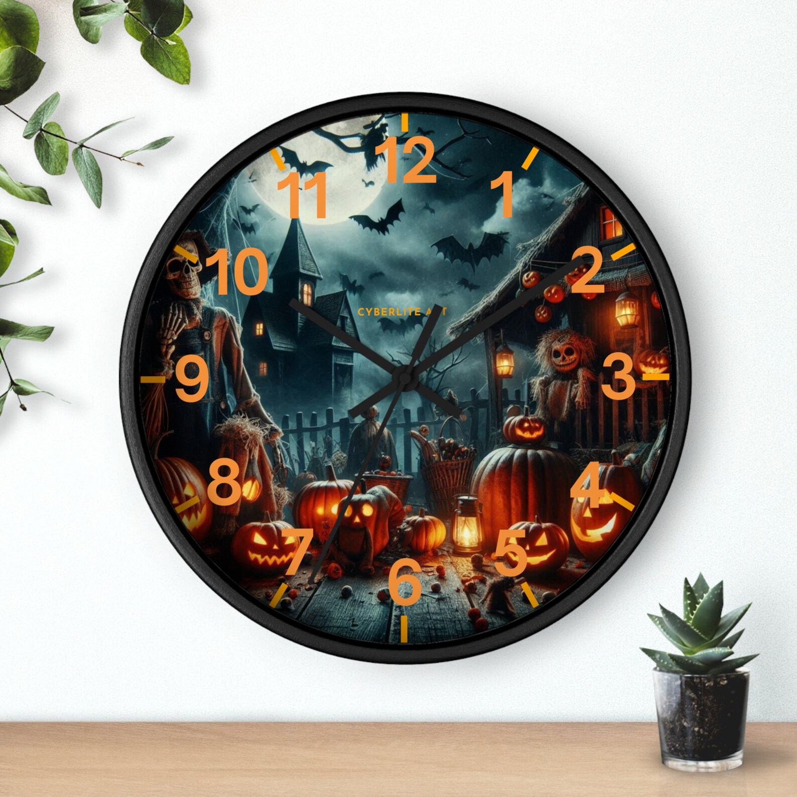 Halloween Wall Clock Rustic Halloween Village Scene, Halloween Art ...