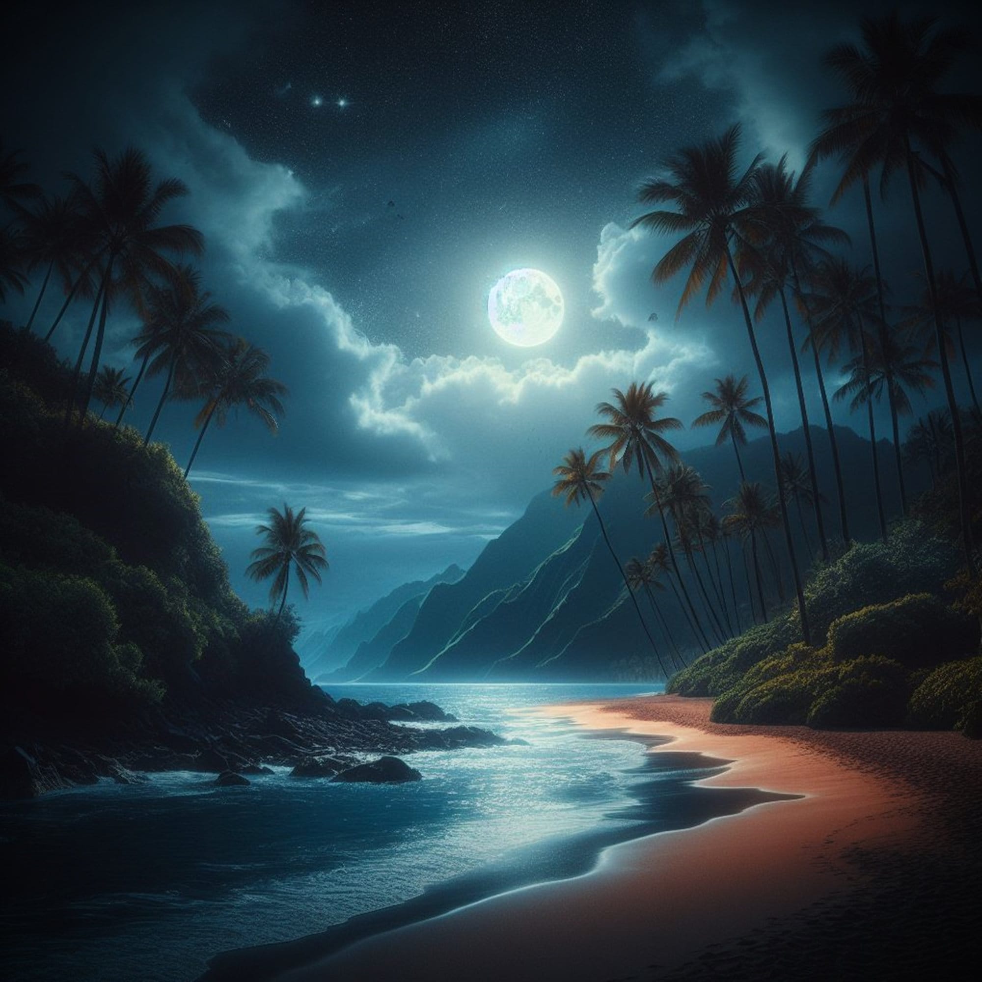 Printable Moonlit Hawaiian Beach Art No. 4-055, Full Moon Rising Over a ...