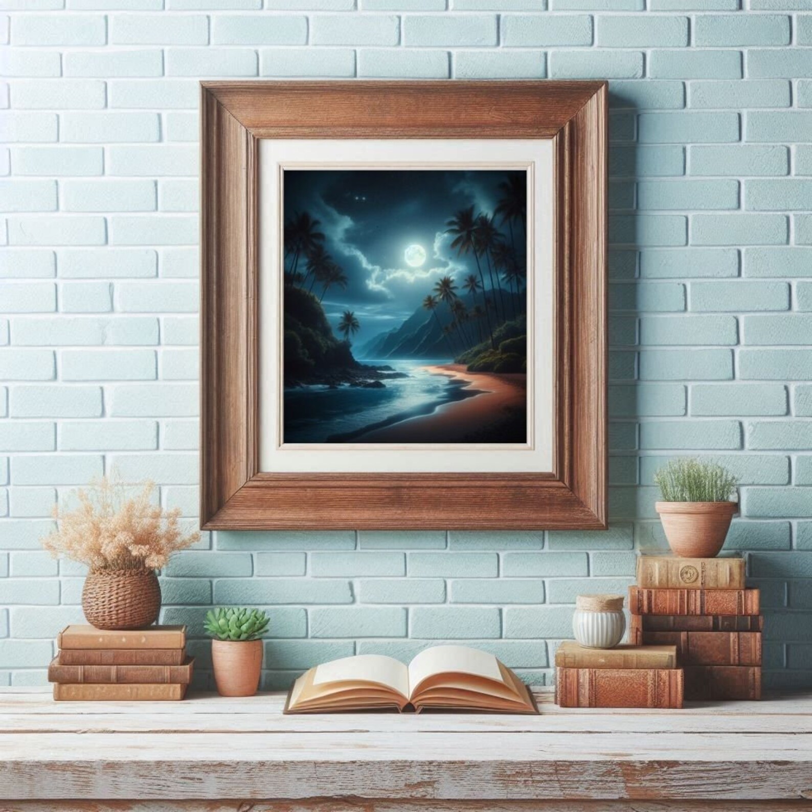 Printable Moonlit Hawaiian Beach Art No. 4-055, Full Moon Rising Over a ...