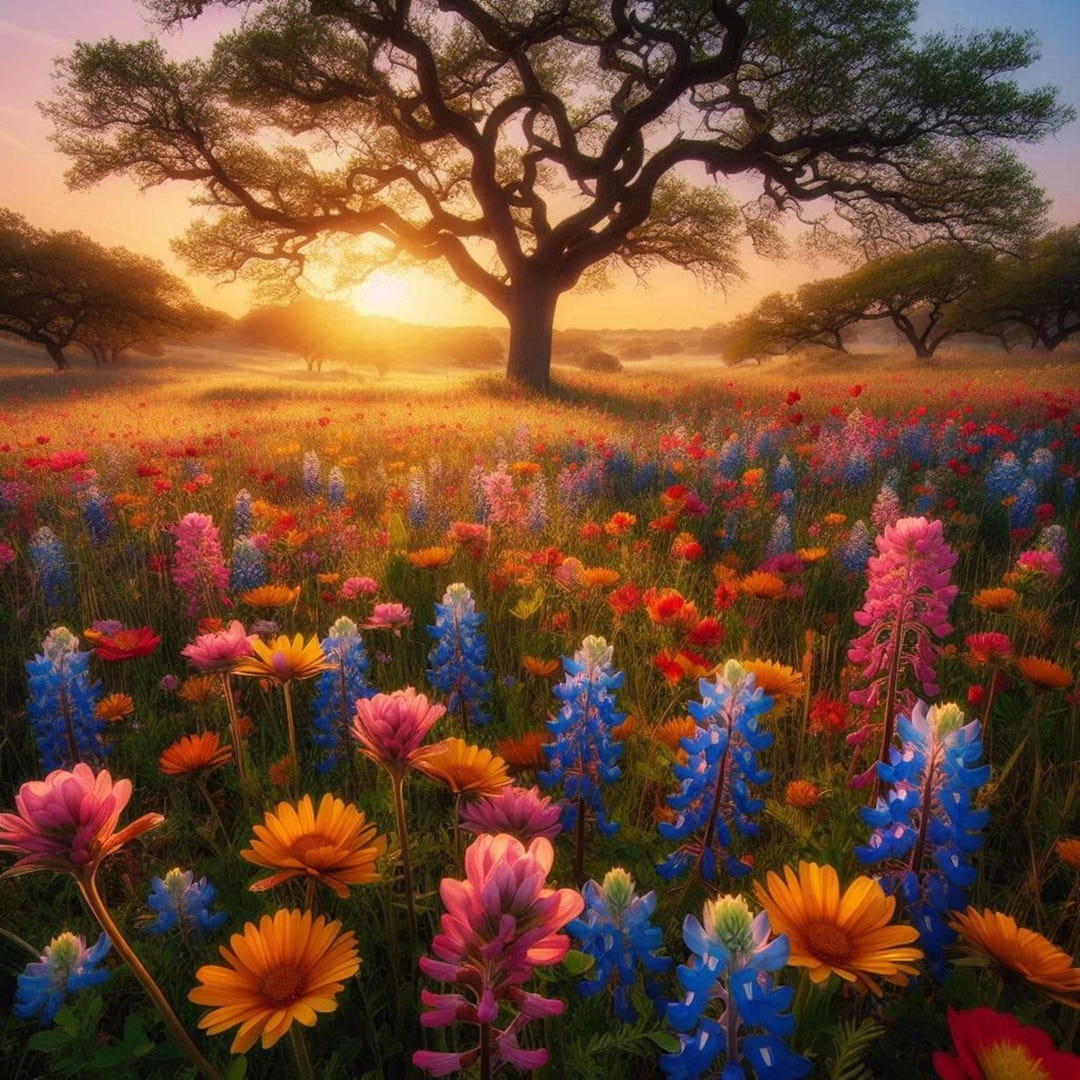 6-062D | A Field of Texas Spring Flowers at Sunrise, Colors of Spring ...