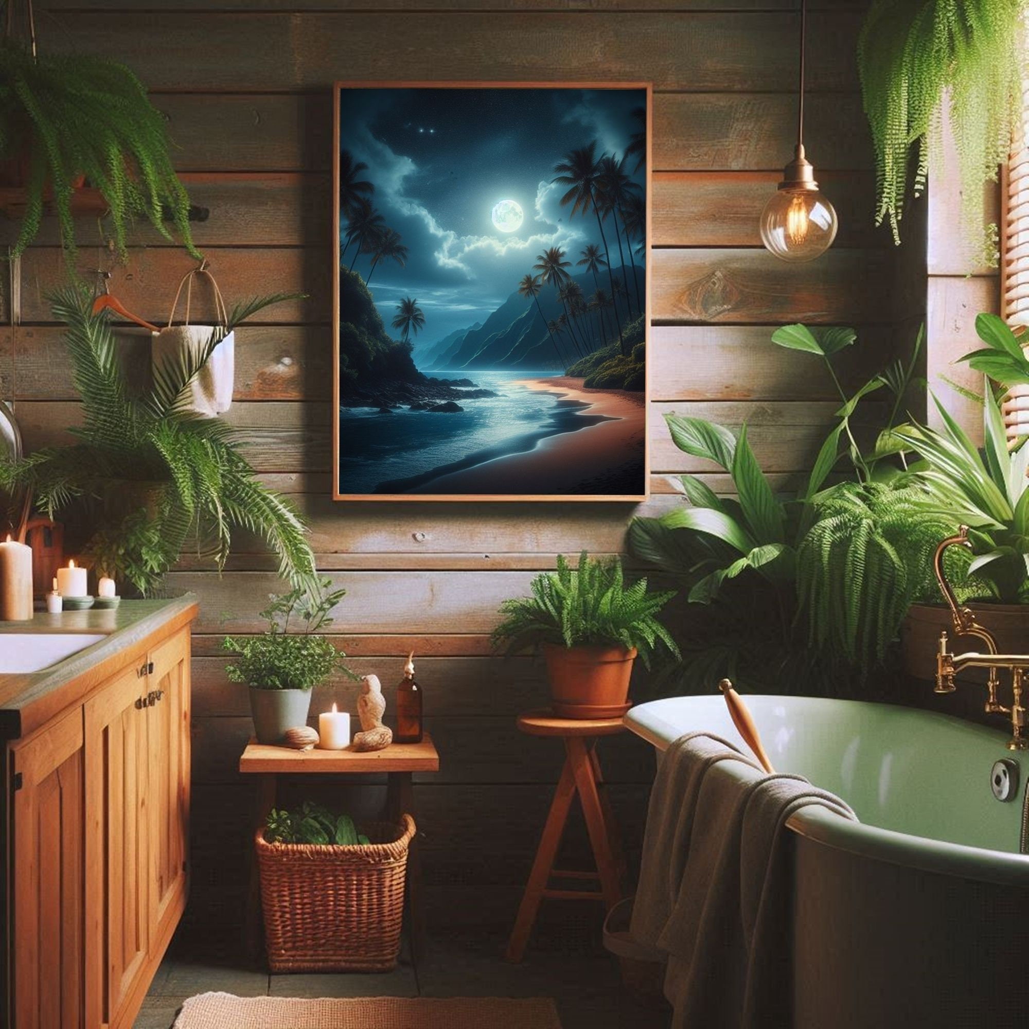 Printable Moonlit Hawaiian Beach Art No. 4-055, Full Moon Rising Over a ...