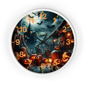 Halloween Wall Clock Rustic Halloween Village Scene, Halloween Art ...