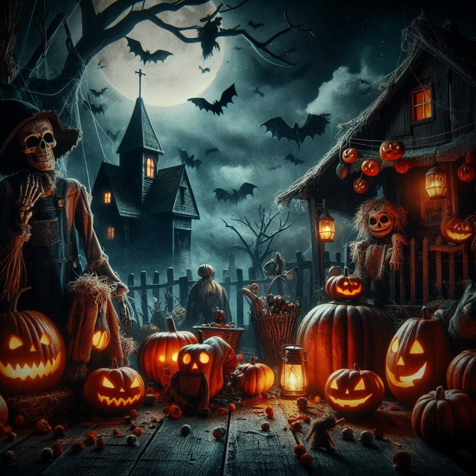 Halloween Wall Clock Rustic Halloween Village Scene, Halloween Art ...