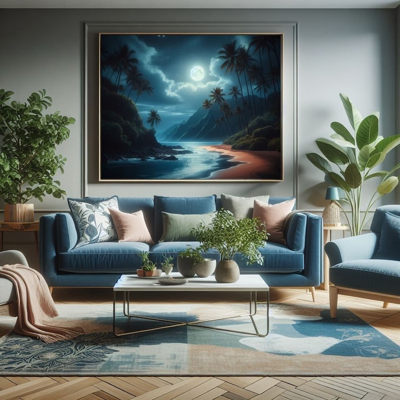 Printable Moonlit Hawaiian Beach Art No. 4-055, Full Moon Rising Over a ...