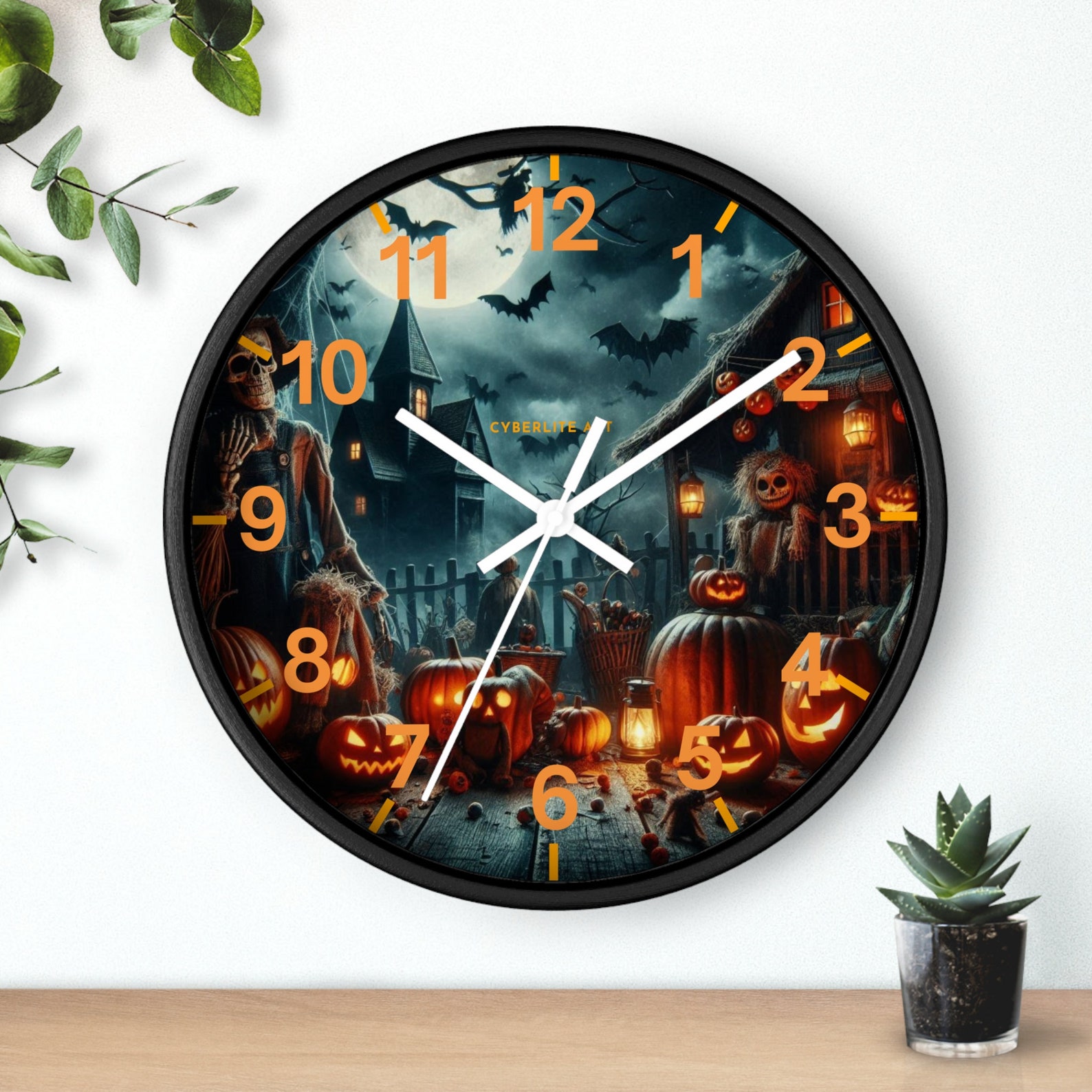 Halloween Wall Clock Rustic Halloween Village Scene, Halloween Art ...