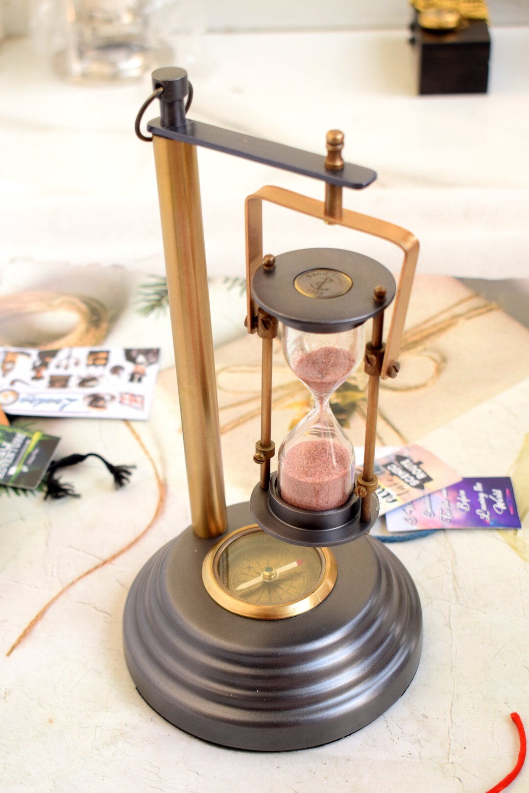 Handmade Brass Antique Finish Hourglass Sand Timer With Compass ...