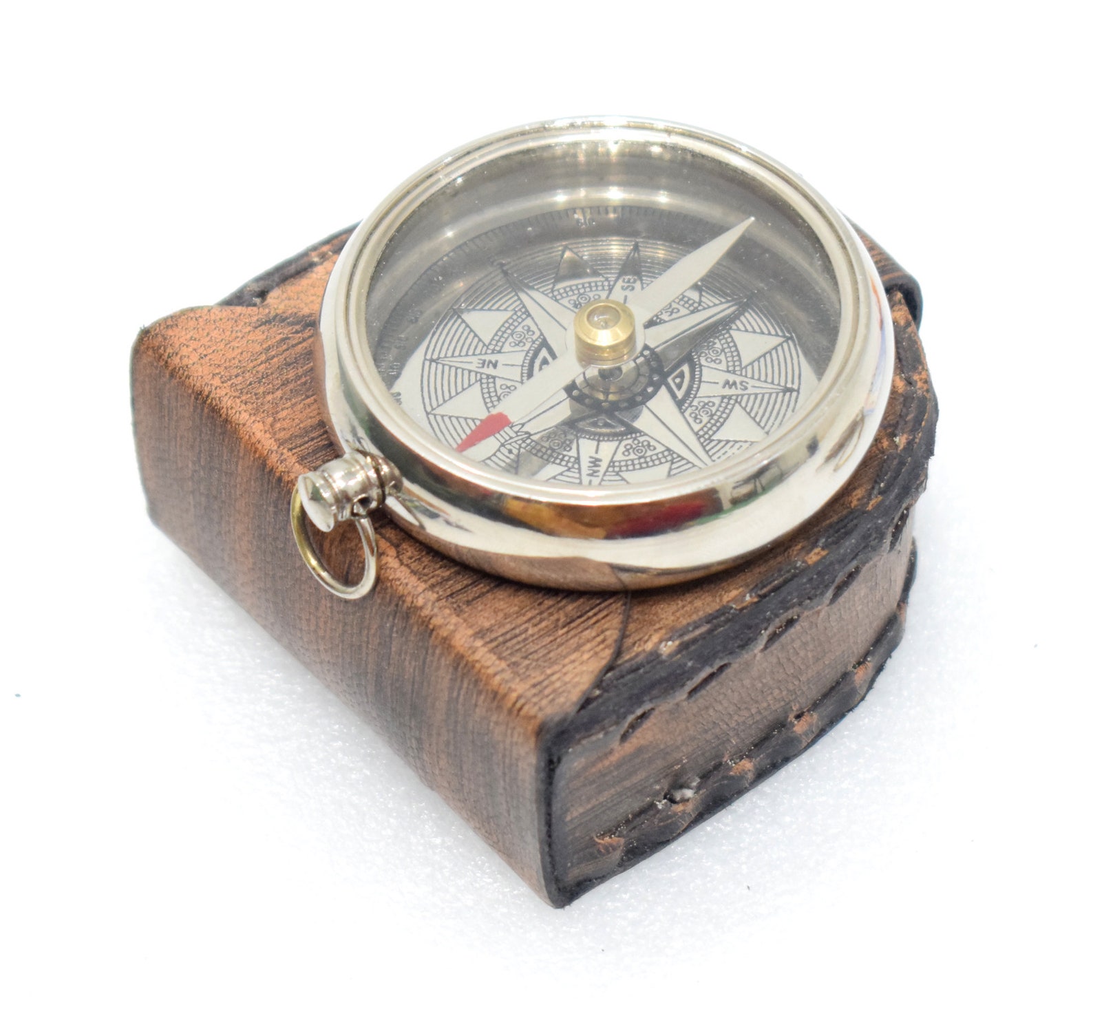 Brass Engraved Compass With Leather Cover, Brass Directional Compass ...