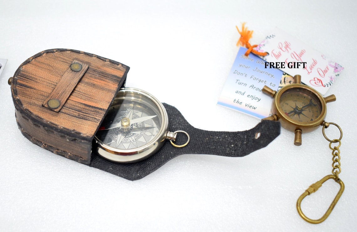 Brass Engraved Compass With Leather Cover, Brass Directional Compass ...