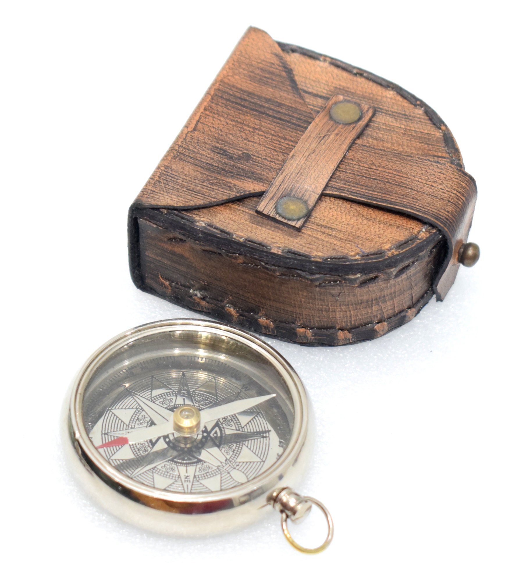 Brass Engraved Compass With Leather Cover, Brass Directional Compass ...