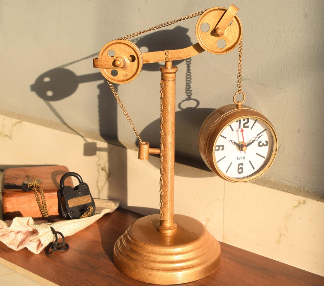 Table Clock Solid Brass Clock Engrave Handmade Working Pulley Clock ...