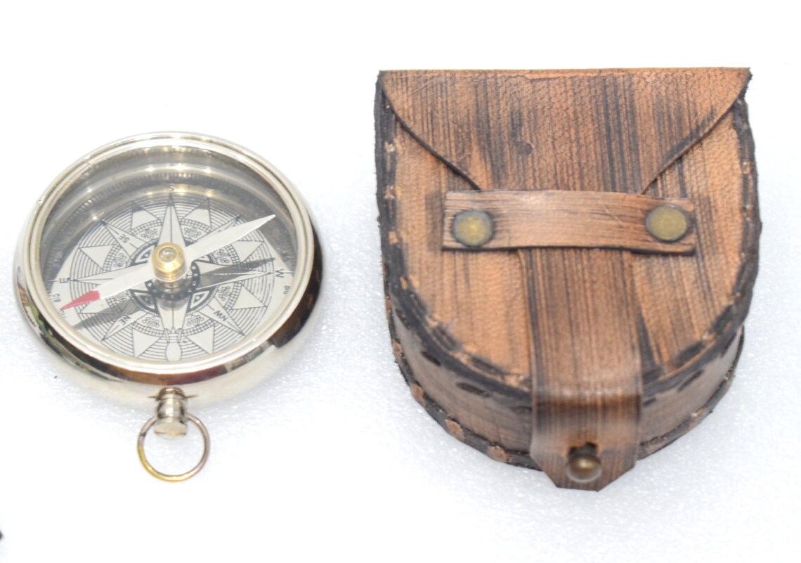 Brass Engraved Compass With Leather Cover, Brass Directional Compass ...