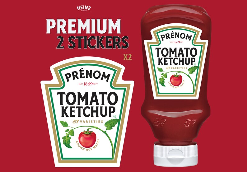 Set of 2 PREMIUM Heinz Ketchup Stickers With Personalized First Name ...