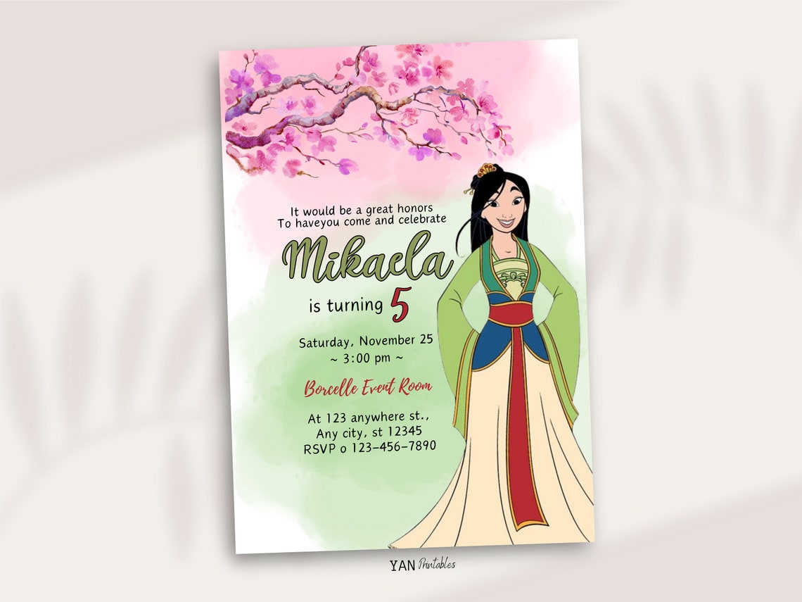 Editable Mulan Disney Princess Birthday Invitation Pink Green Free ...