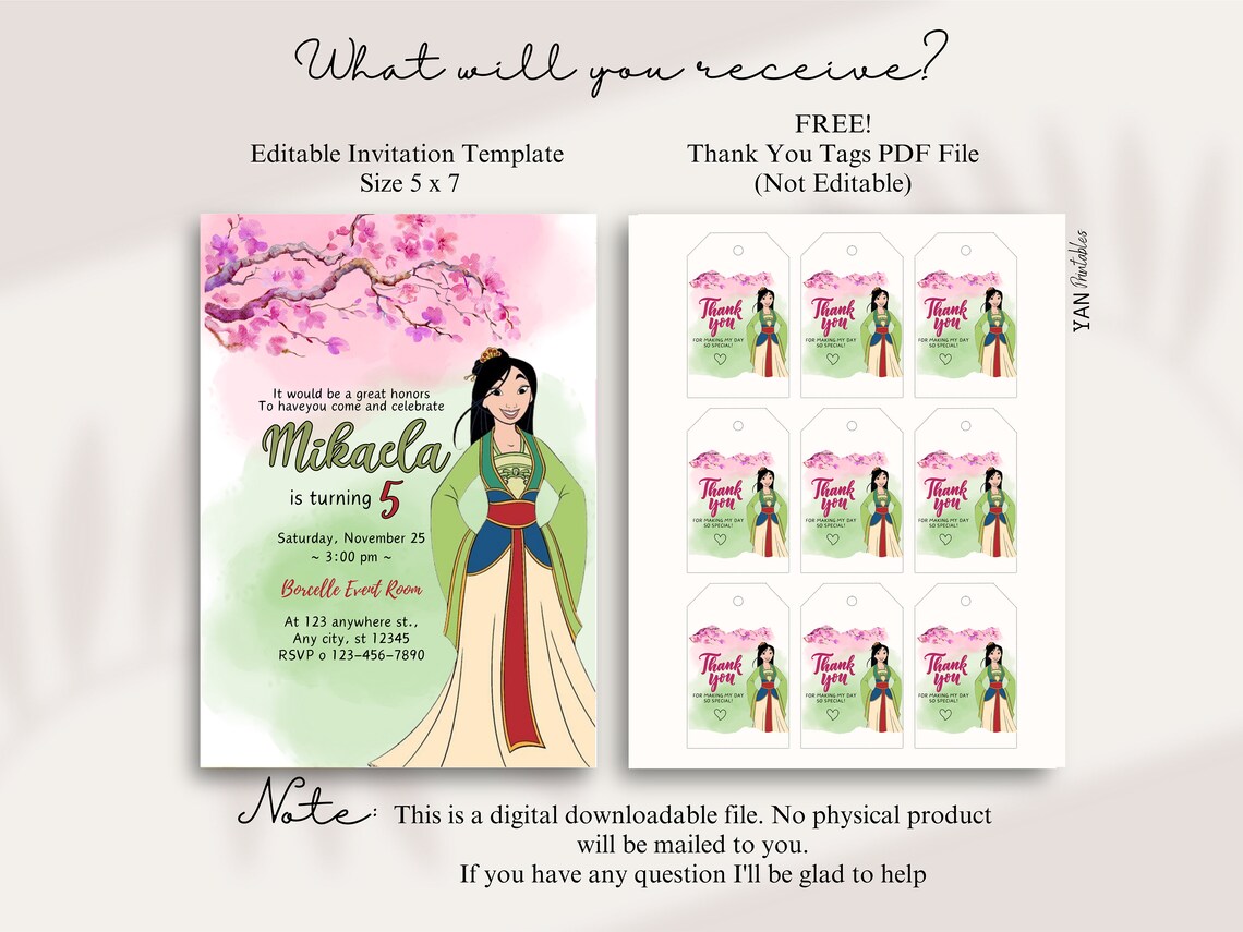 Editable Mulan Disney Princess Birthday Invitation Pink Green Free ...