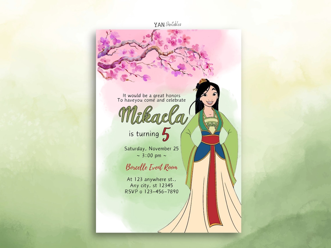 Editable Mulan Disney Princess Birthday Invitation Pink Green Free ...