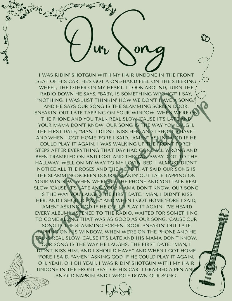Our Song | Taylor Swift | Lyric Art | Debut Album | Digital Download - Etsy