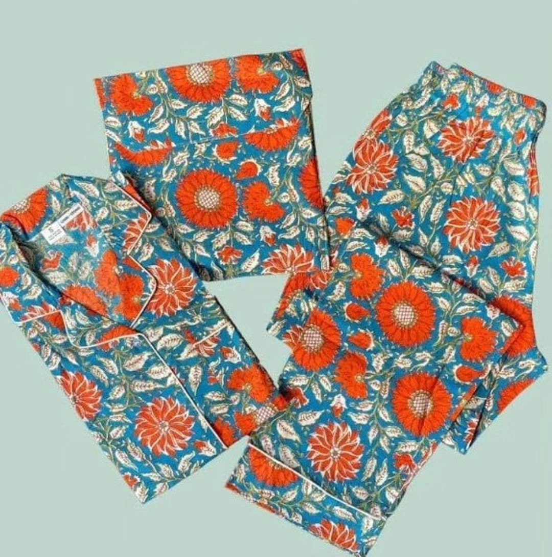 Indian Block Print Pajamas Set , Floral Print Night Suit , Cotton ...