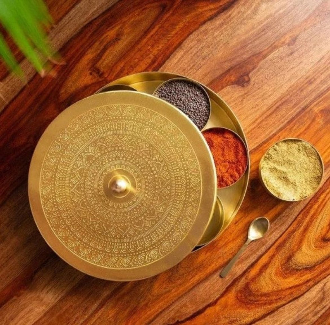 Indian Handmade Pure 100% Brass Spice Kitchen Storage Containers ...