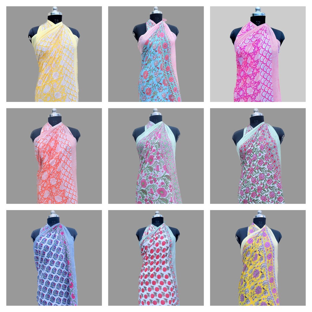 Indian Hand Block Printed Cotton Sarong Lightweight Natural Summer ...