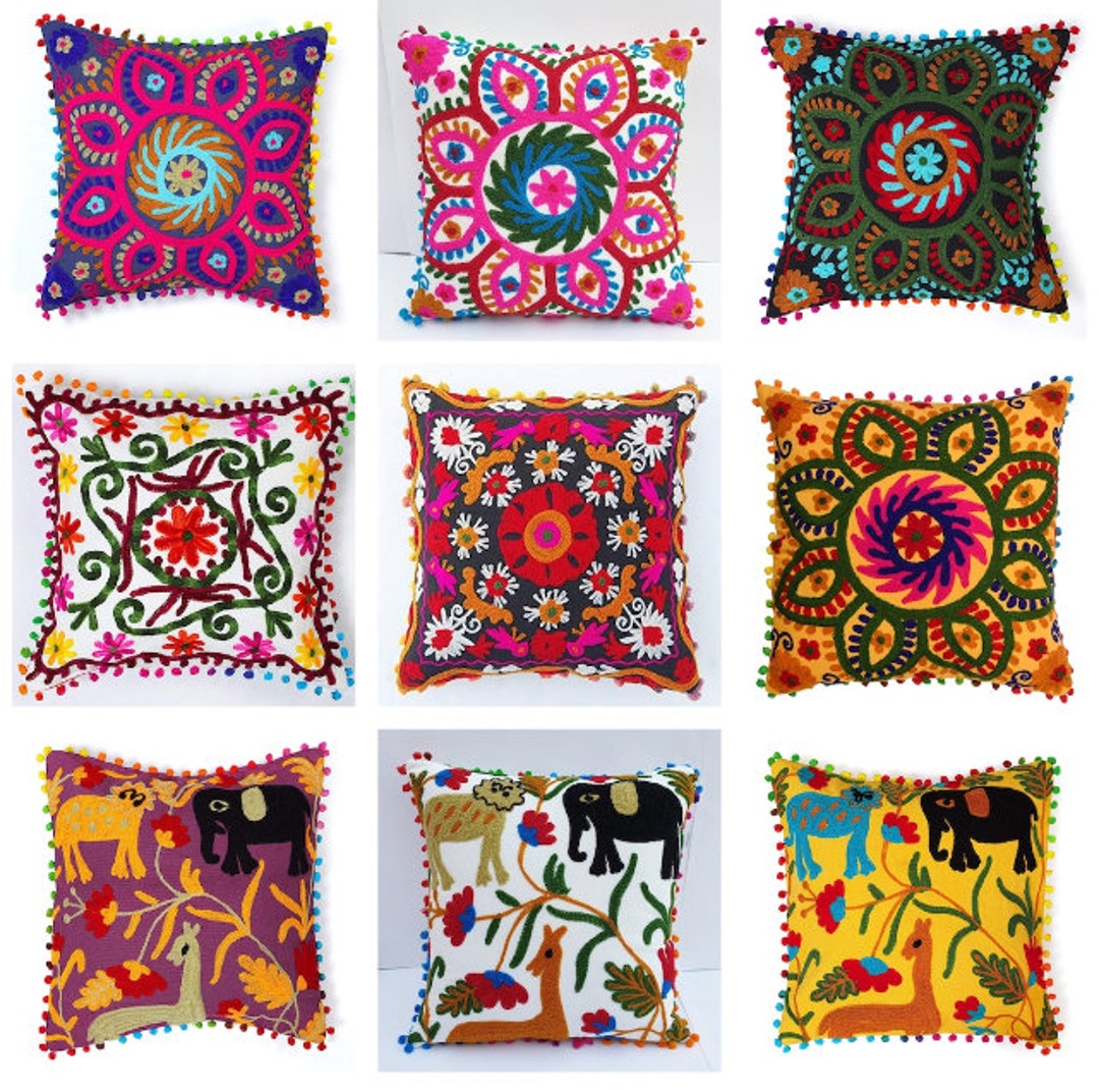 Hand Embroidered Decorative Pillow Cover Bohemian Hippie Pillow Cover ...