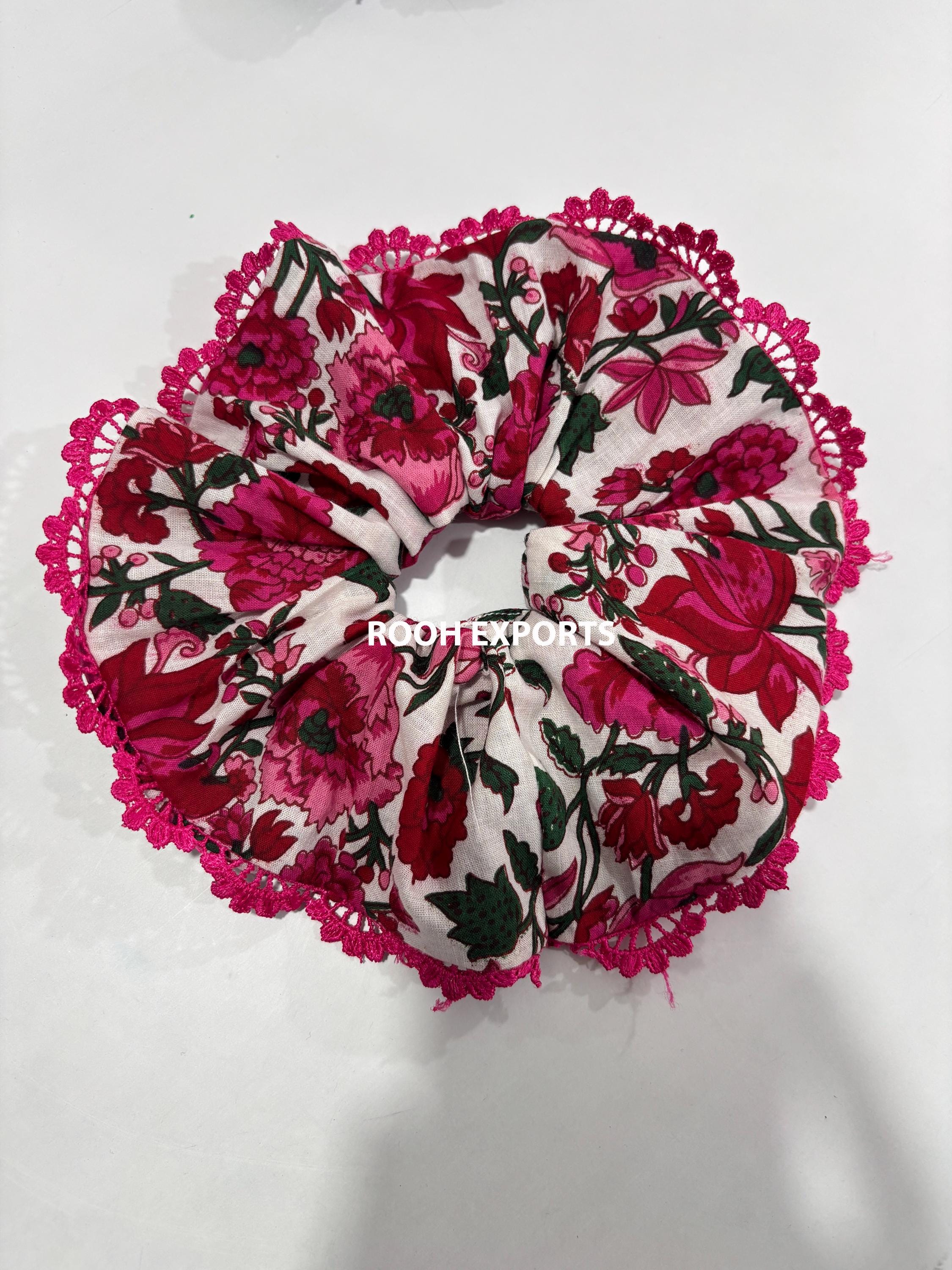 Floral Block Print Boho Scrunchies With Border | Scrunchie Hair Tie ...
