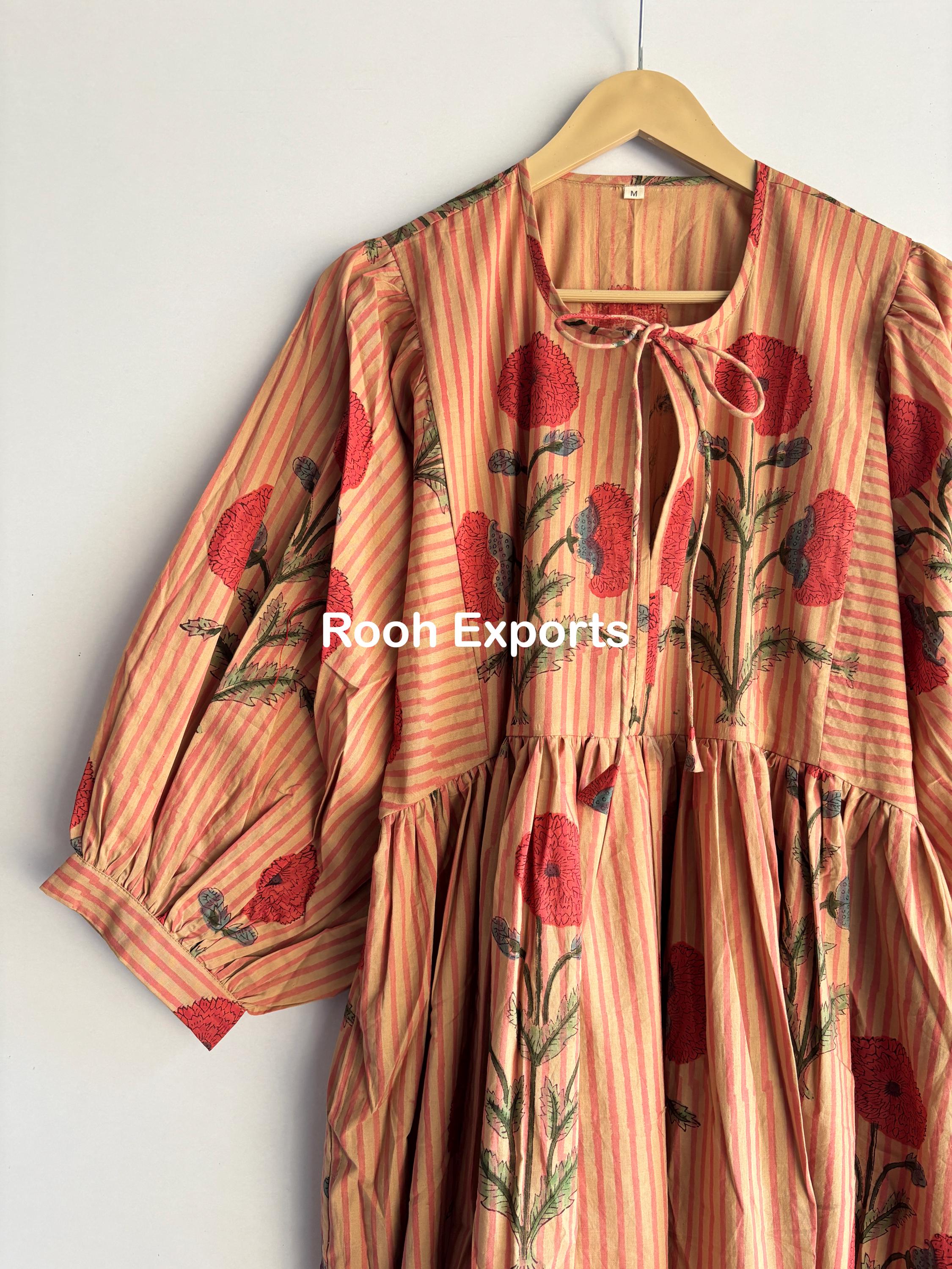 Floral Striped Block Print Kyra Midi Dress | Bohemian Cotton Dress ...