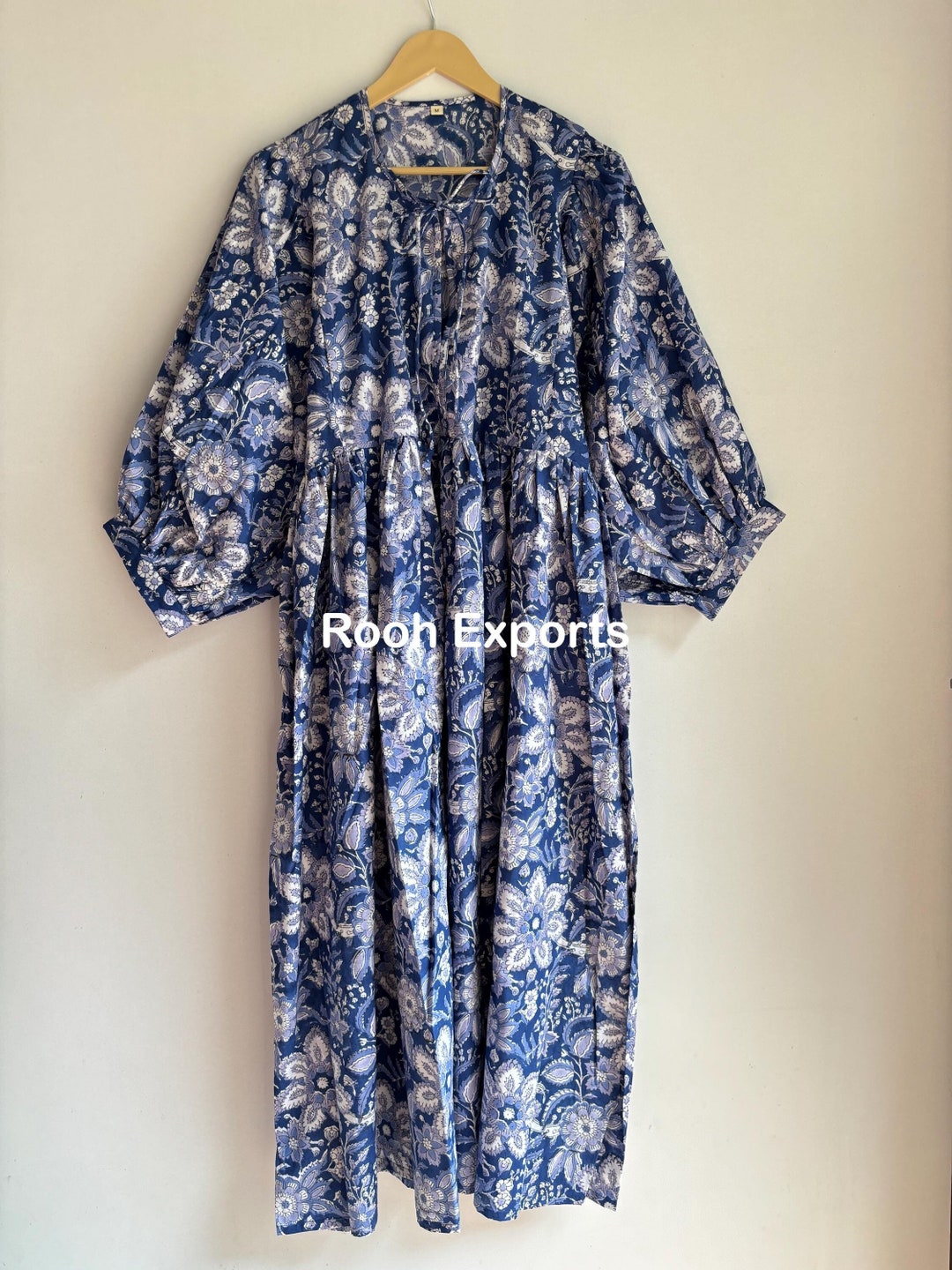 Blue Floral Block Print Kyra Midi Dress | Bohemian Cotton Dress ...