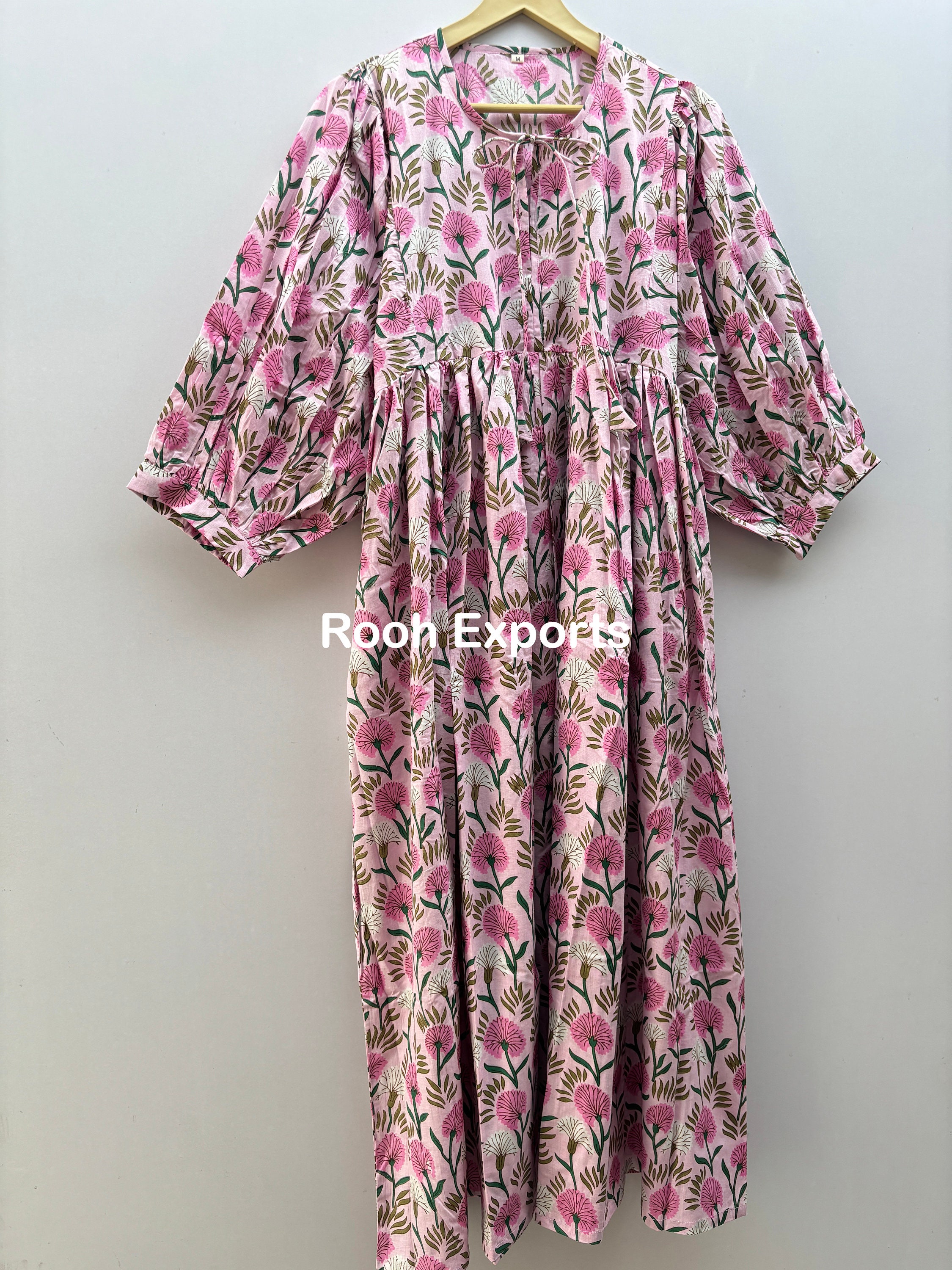 Pink Floral Block Print Kyra Midi Dress, Cotton Dress for Woman ...