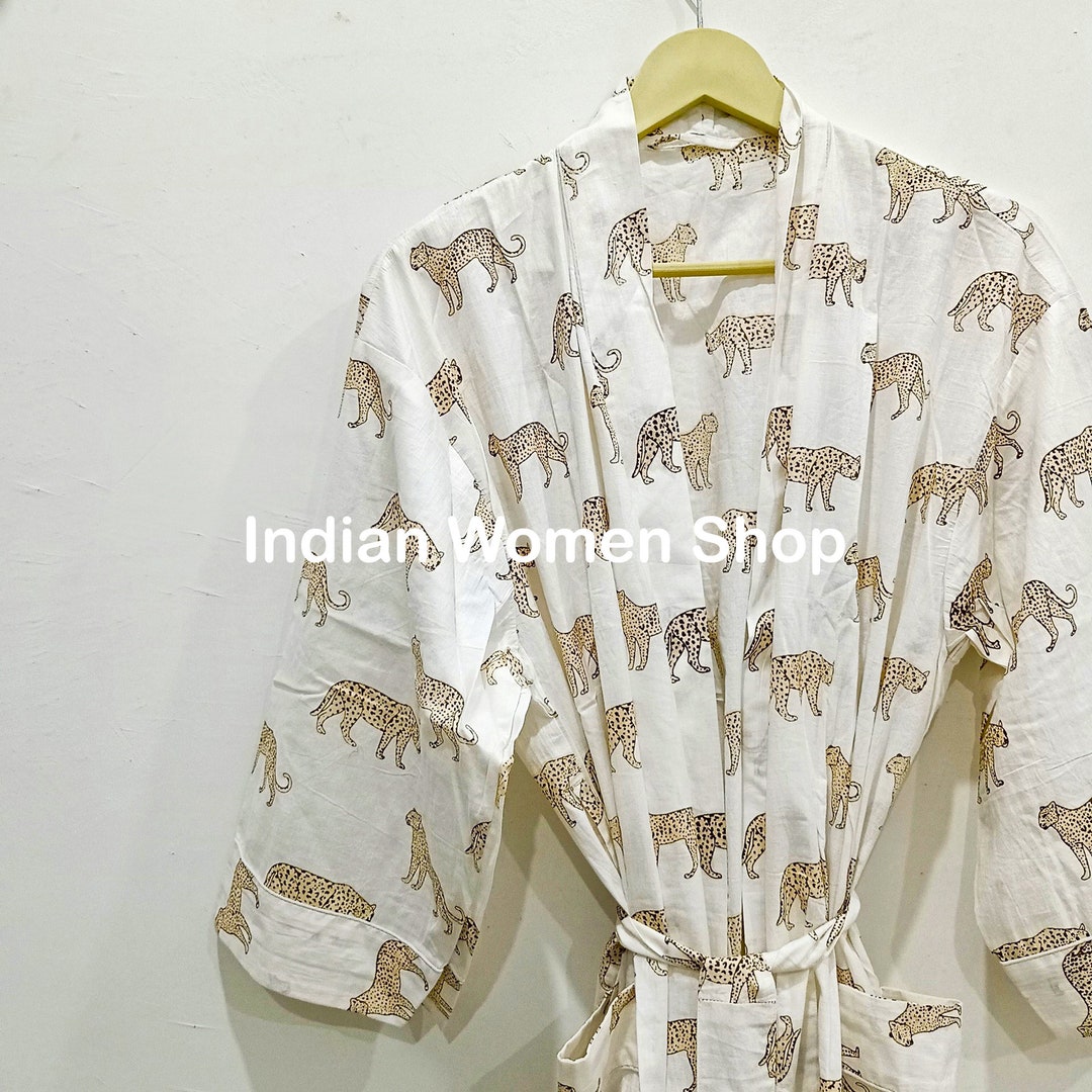 Tiger Print Cotton Kimono Robe Beach Cover up Lounge Wear Bikini Cover ...