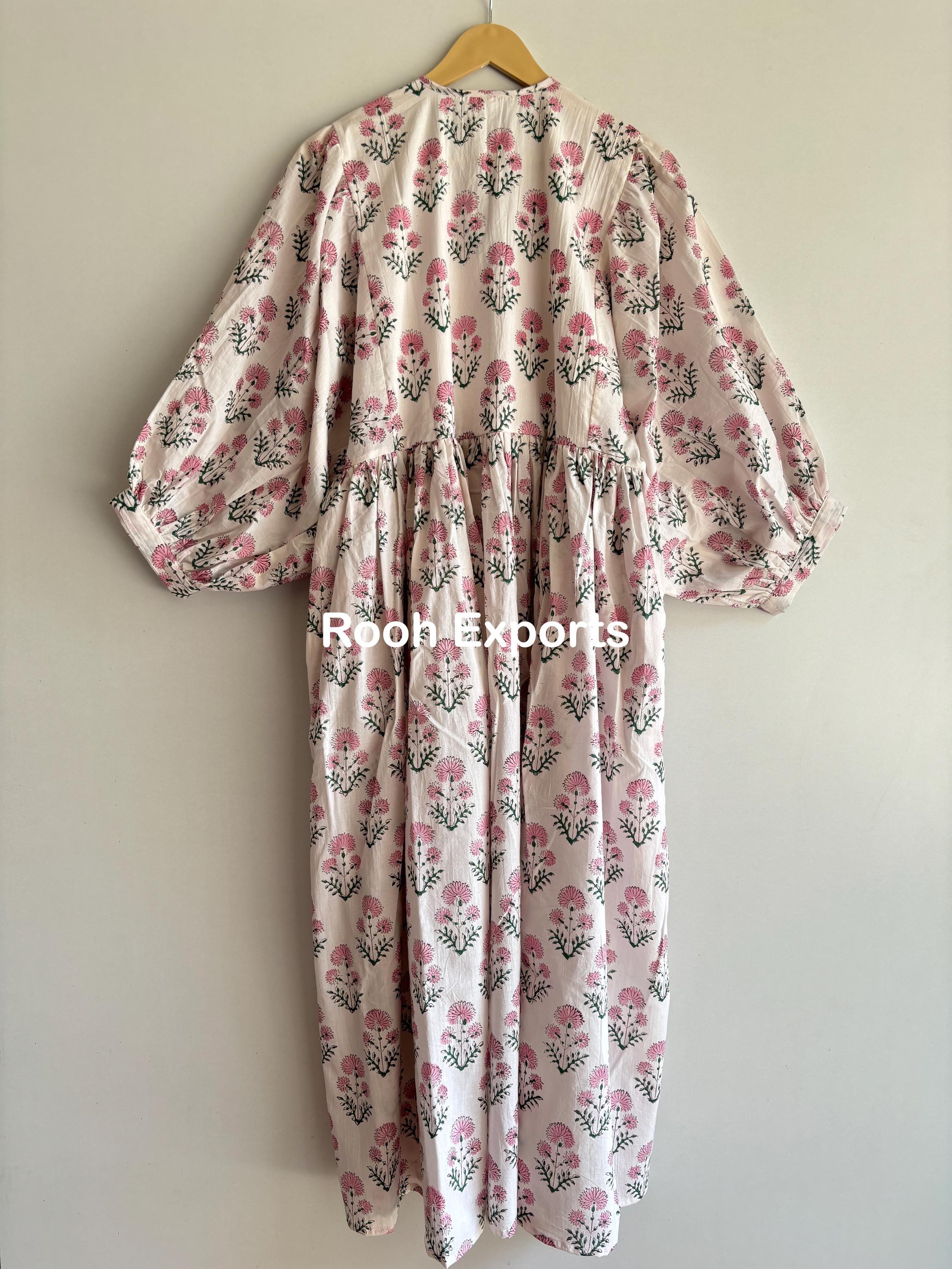 Pink Floral Hand Block Print Kyra Midi Dress | Bohemian Cotton Dress ...