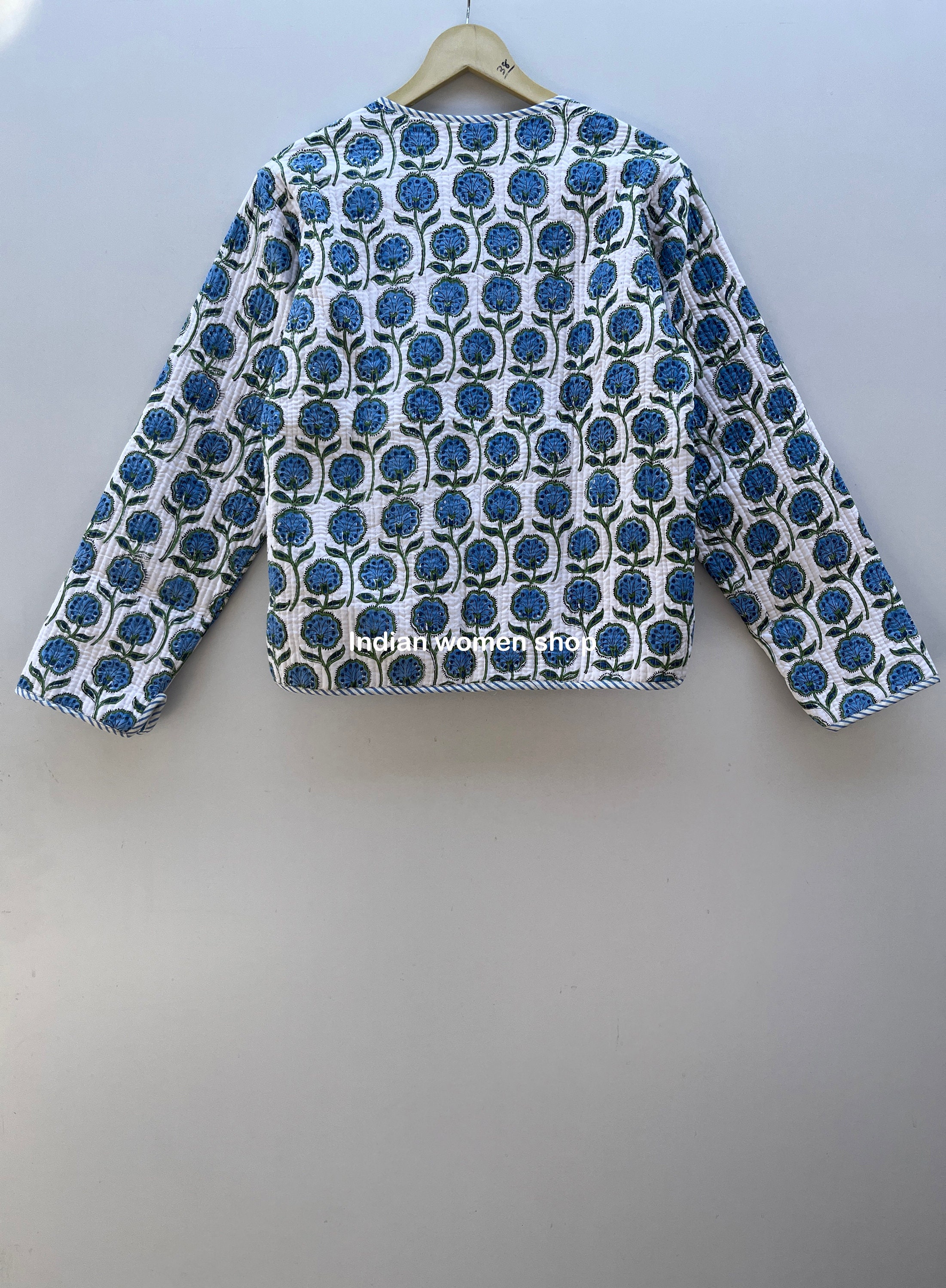 Blue Floral Block Print Quilted Jacket Short Kimono Kantha Short Jacket ...