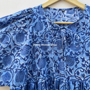 Blue Floral Block Print Midi Dress, Mini Dress, Cotton Summer Dress for ...