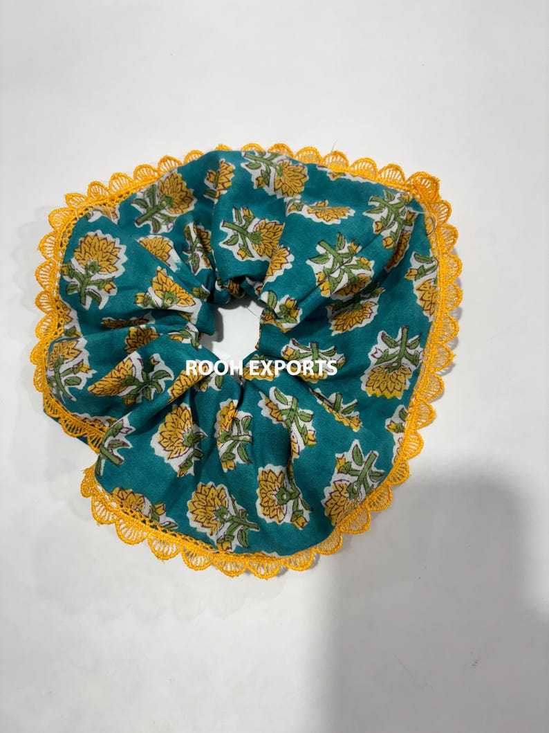 Floral Block Print Boho Scrunchies With Border | Scrunchie Hair Tie ...