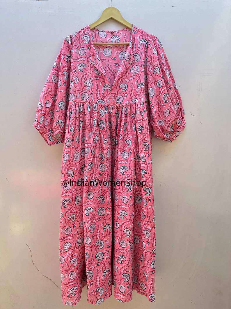 Pink Floral Block Print Kyra Midi Dress, Mini Dress, Womens Cotton ...