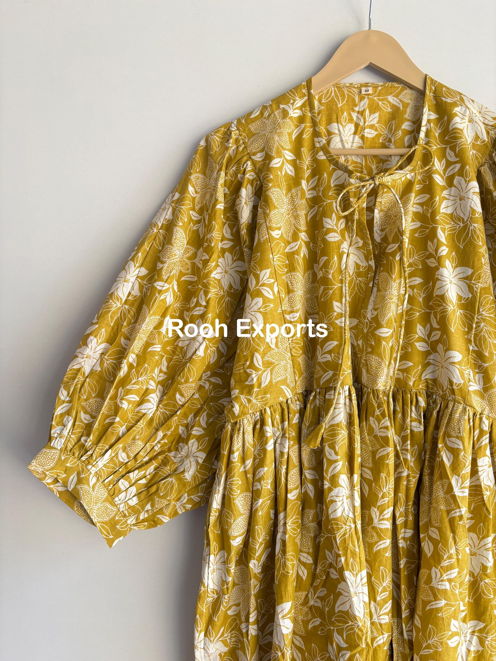Yellow Floral Hand Block Print Kyra Midi Dress | Bohemian Cotton Dress ...