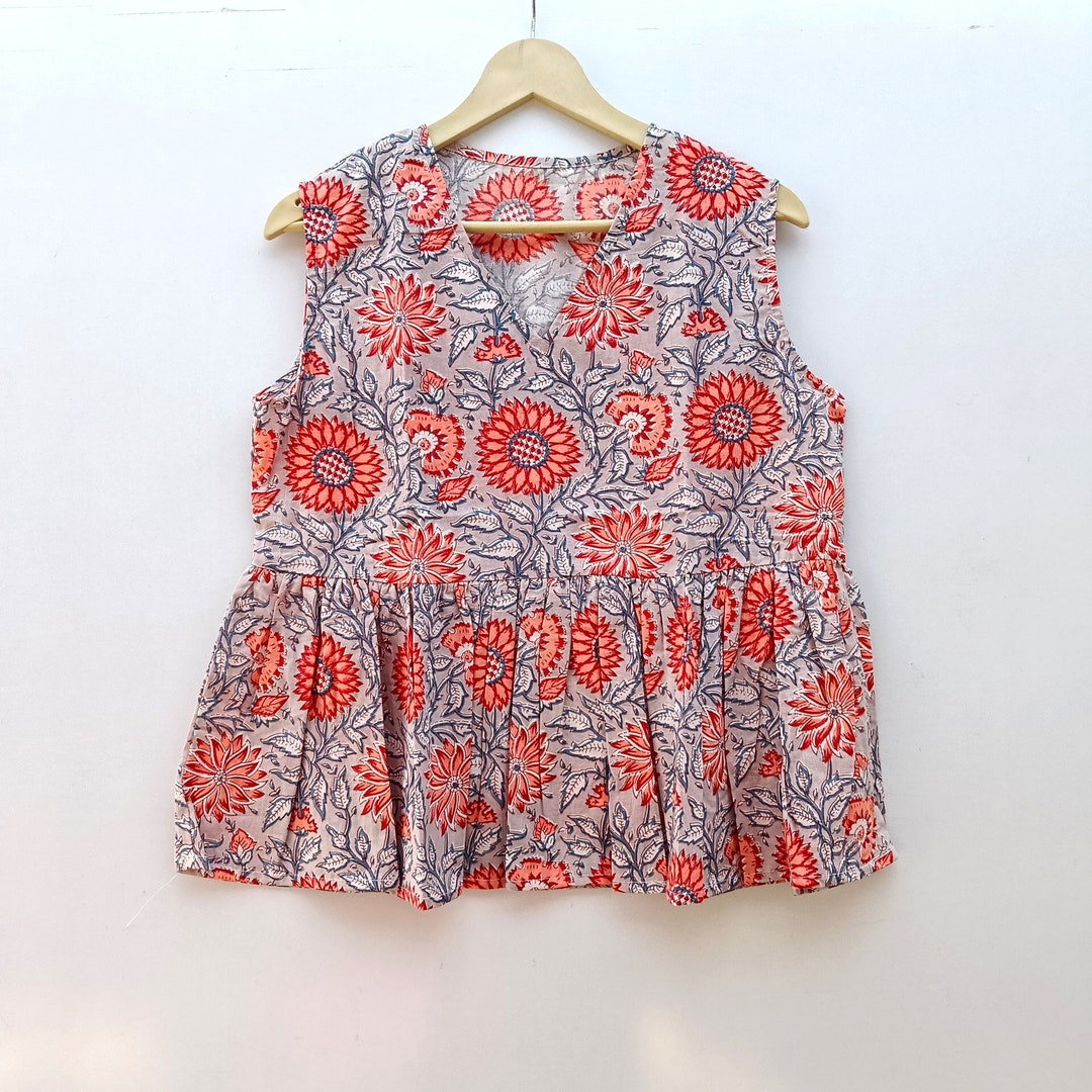 Flower Print Summer Tops for Womens Cotton V-neck Top Womens Block ...