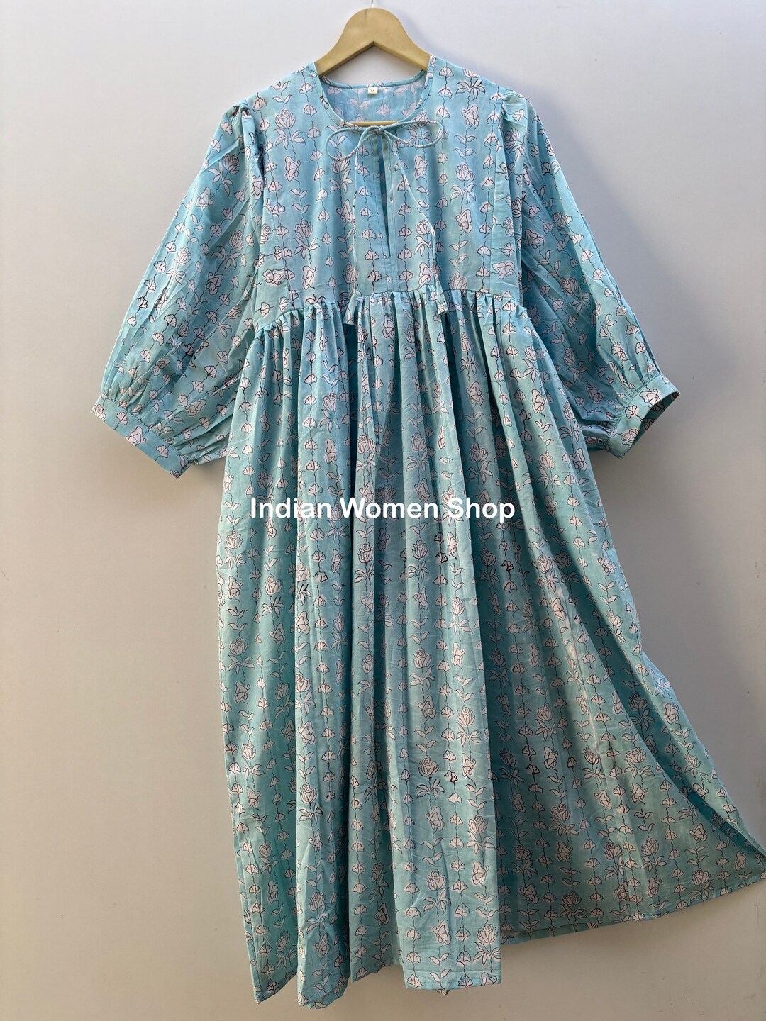 Sky Blue Floral Block Print Midi Dress, Mini Dress, Soft Cotton Spring ...