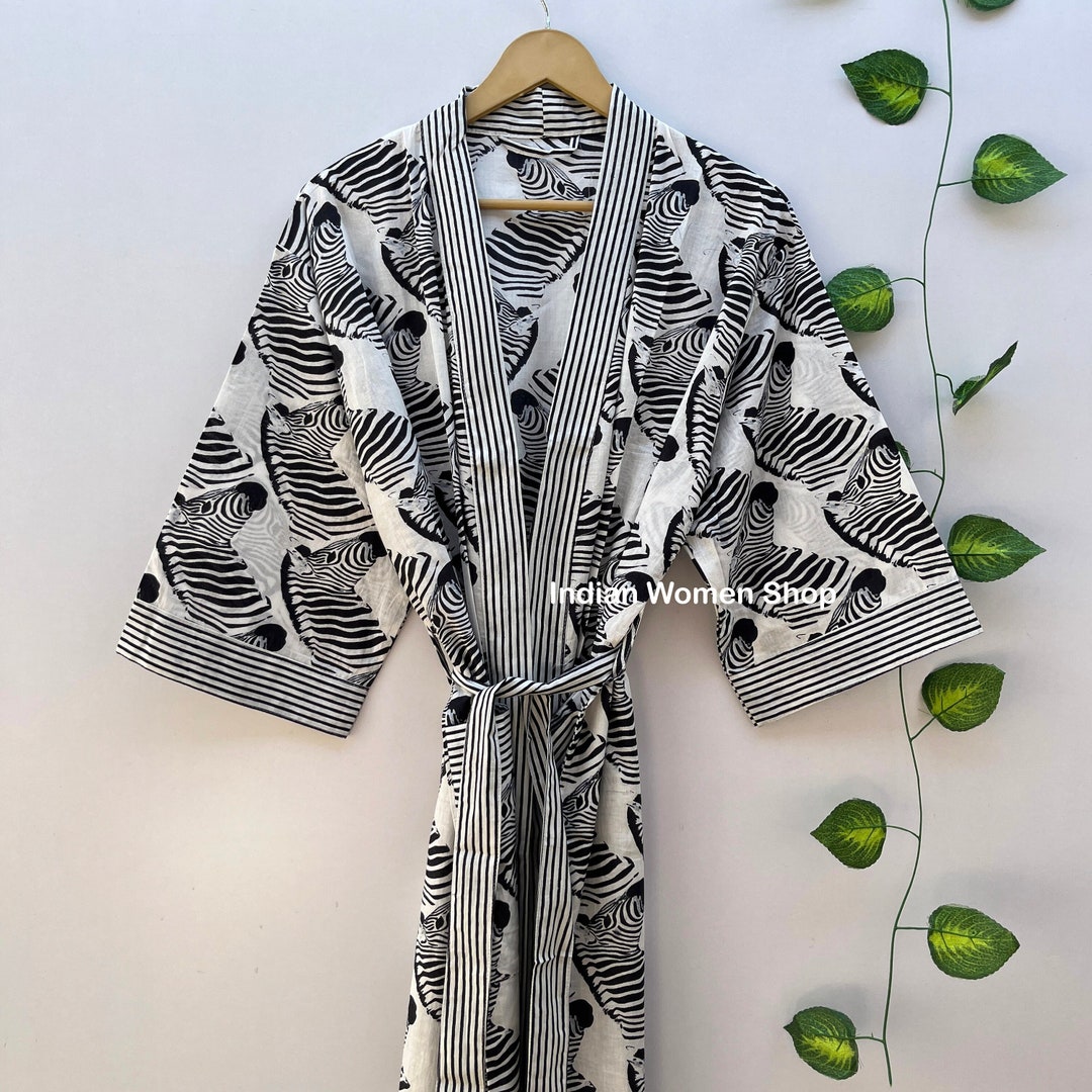 Zebra Print Soft Cotton Kimono Robe, Unisex Kimono, Resort Wear, Bridal ...