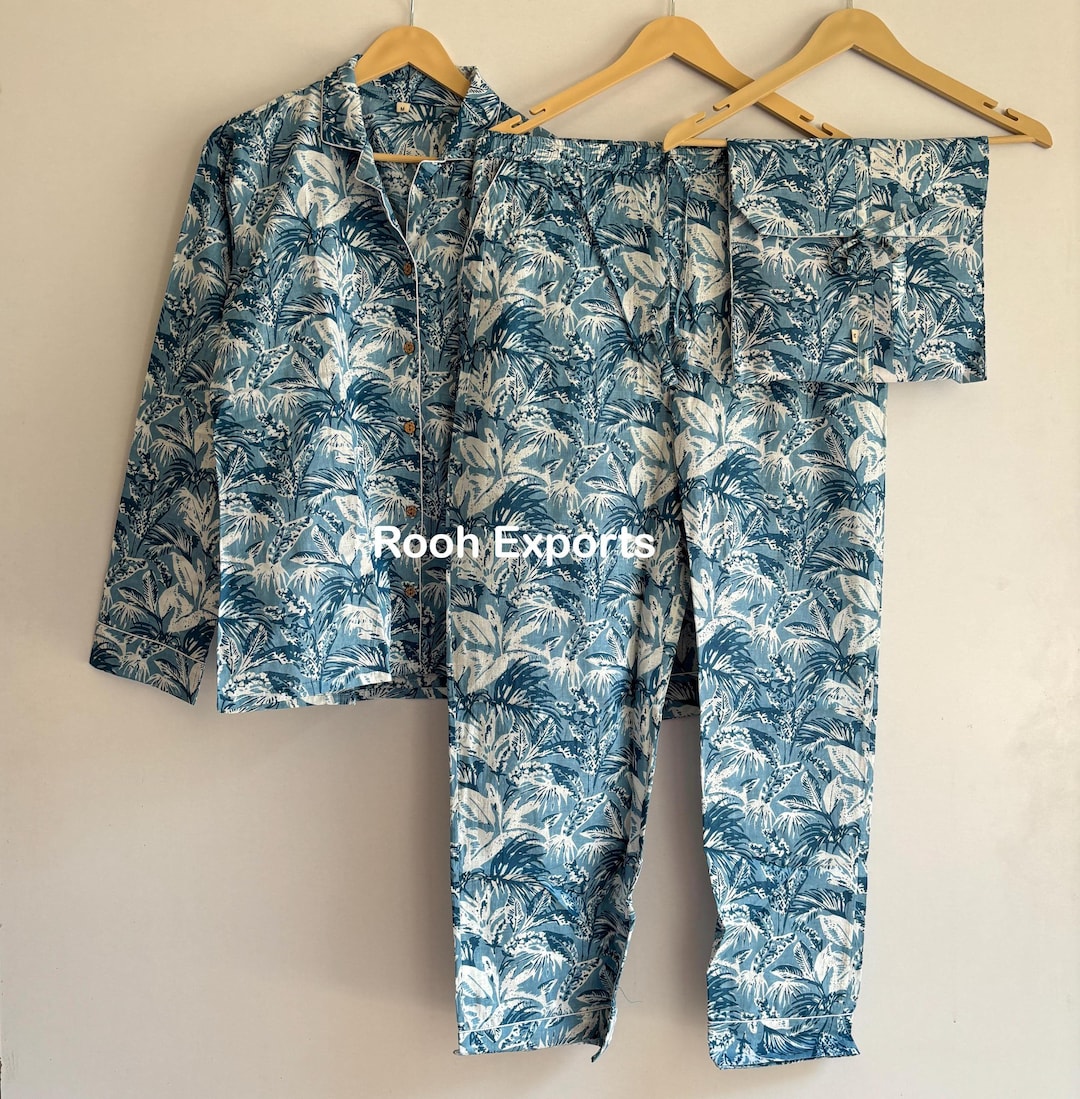Blue Block Print Cotton Pajama Set, Pj Set, Adult Night Suit, Night ...