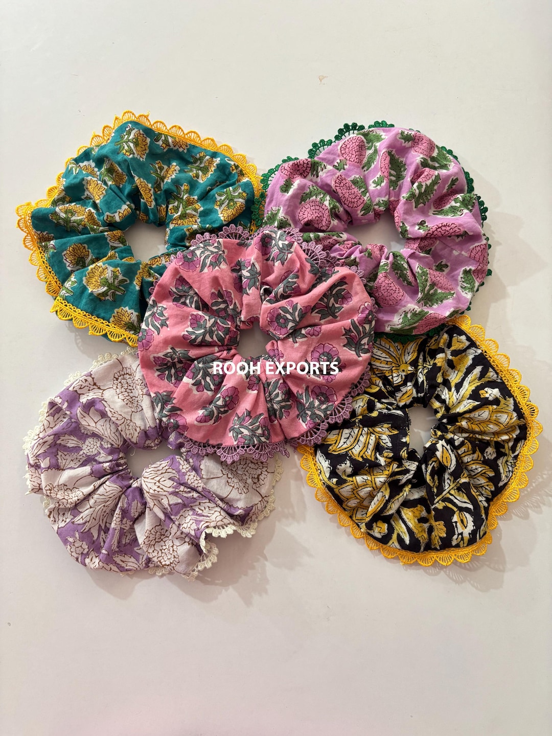 Floral Block Print Boho Scrunchies With Border | Scrunchie Hair Tie ...
