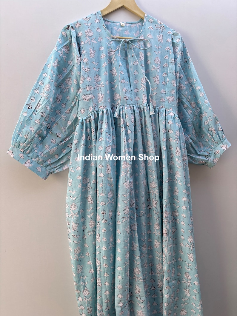 Sky Blue Floral Block Print Midi Dress, Mini Dress, Soft Cotton Spring ...