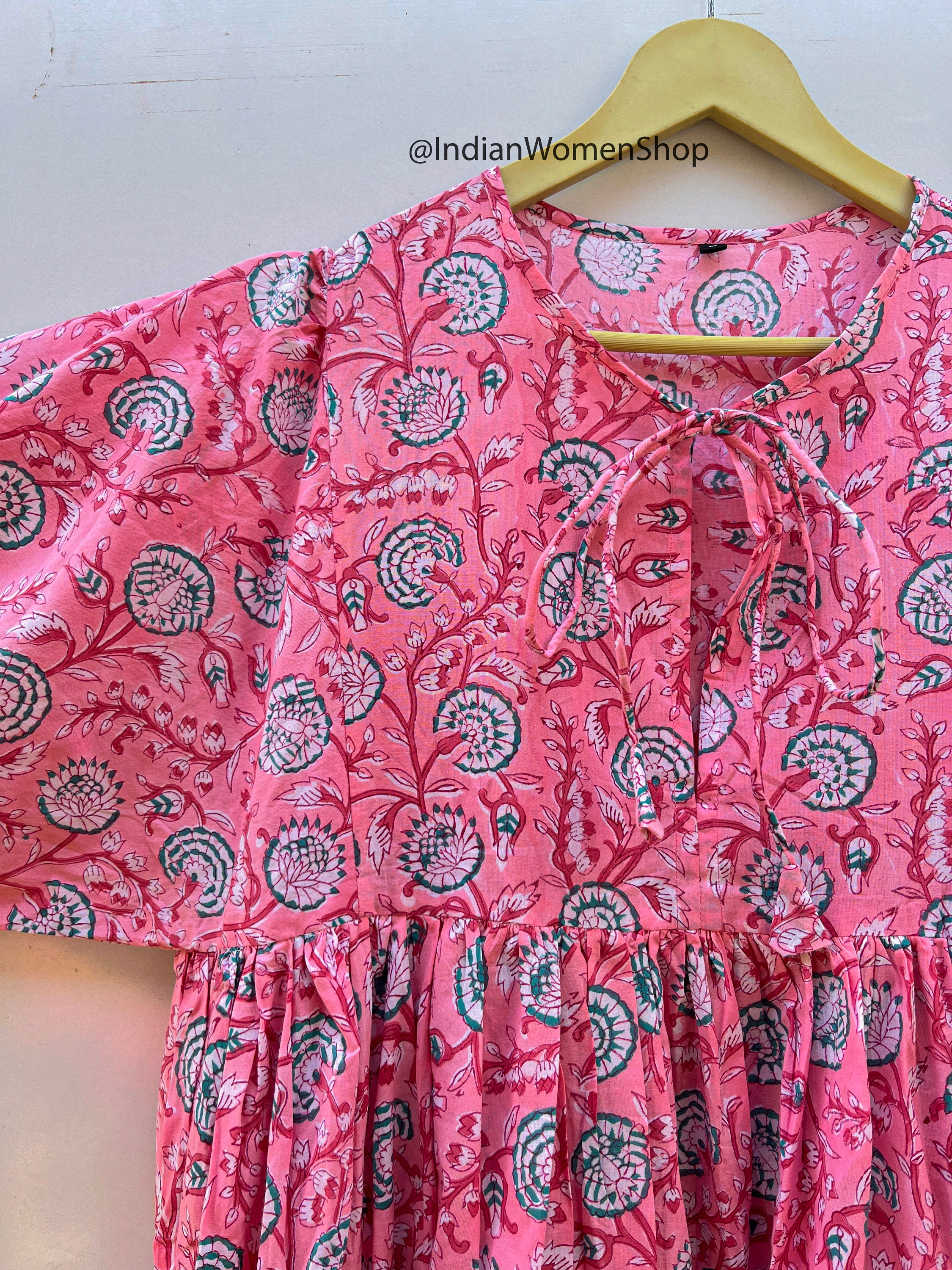 Pink Floral Block Print Kyra Midi Dress, Mini Dress, Womens Cotton ...