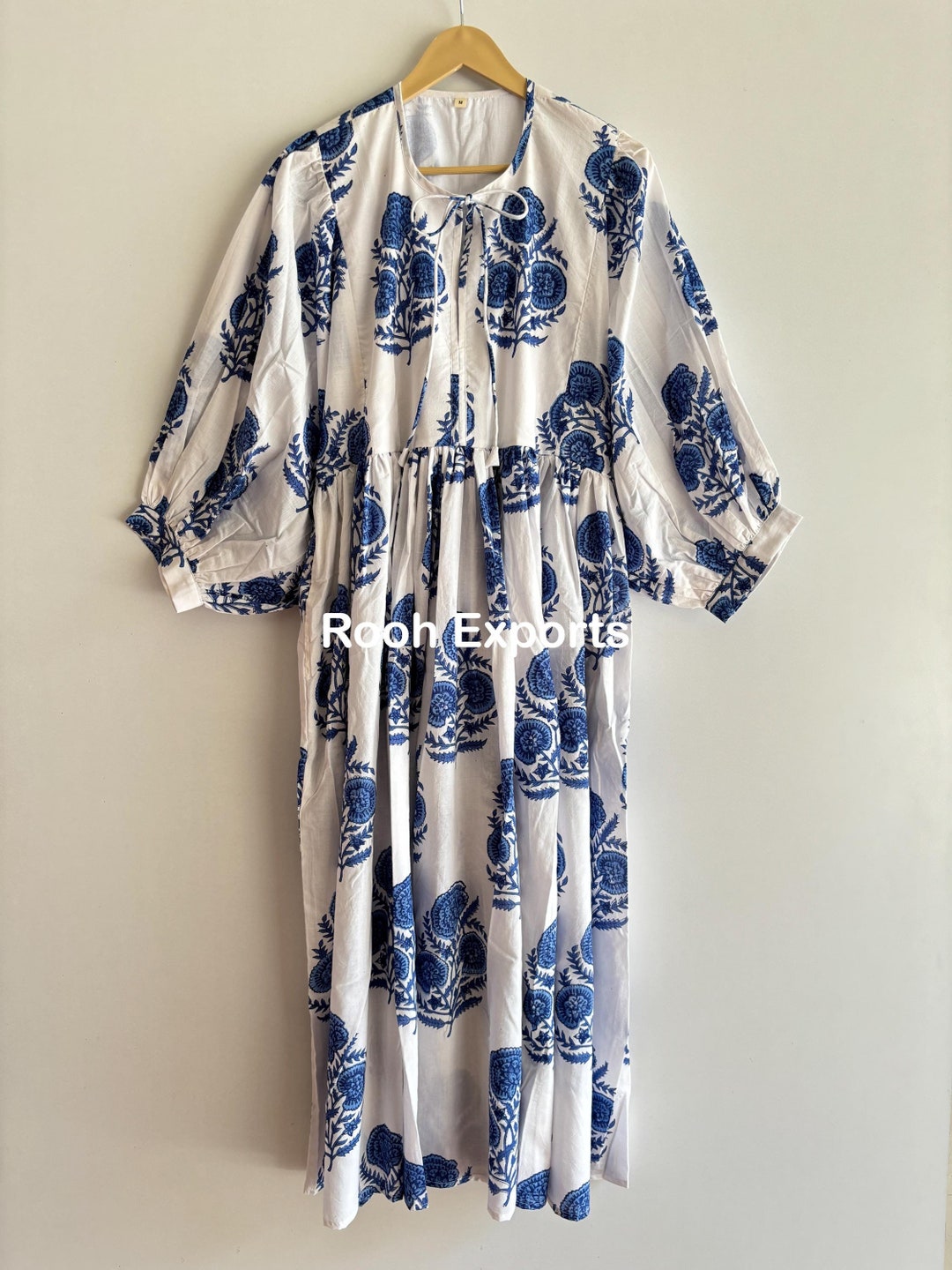 Blue Long Floral Hand Block Print Soft Cotton Midi Dress | Bohemian ...