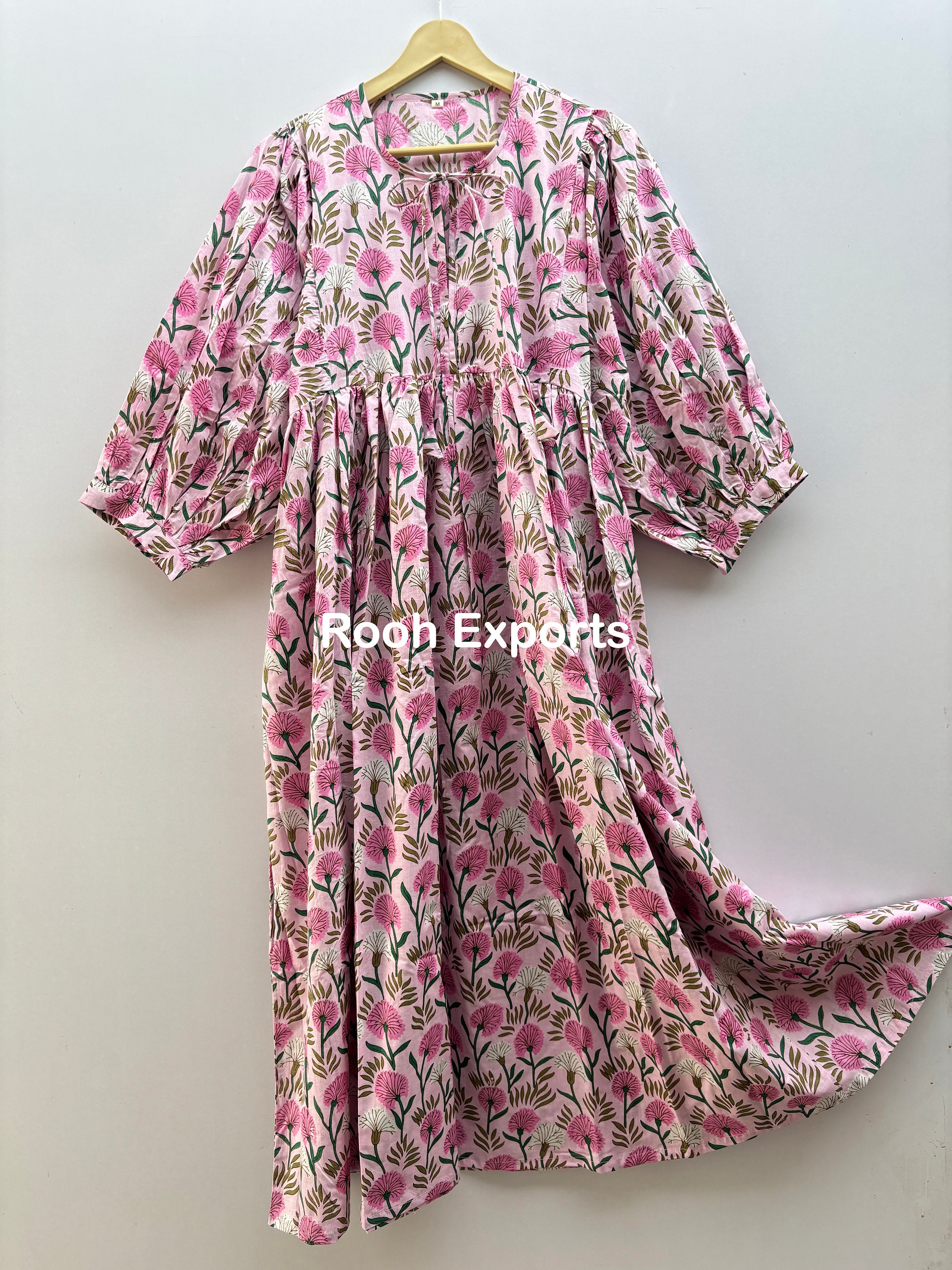 Pink Floral Block Print Kyra Midi Dress, Cotton Dress for Woman ...