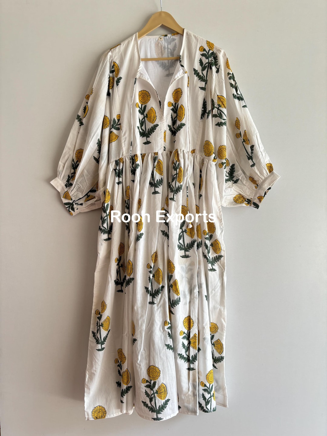 Yellow Long Floral Hand Block Print Cotton Midi Dress | Bohemian Dress ...