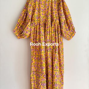 Yellow Floral Hand Block Print Kyra Midi Dress, Mini Dress, Soft Cotton ...